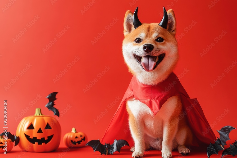 Shiba Inu wearing a devil's horn headband and cape, surrounded by ...