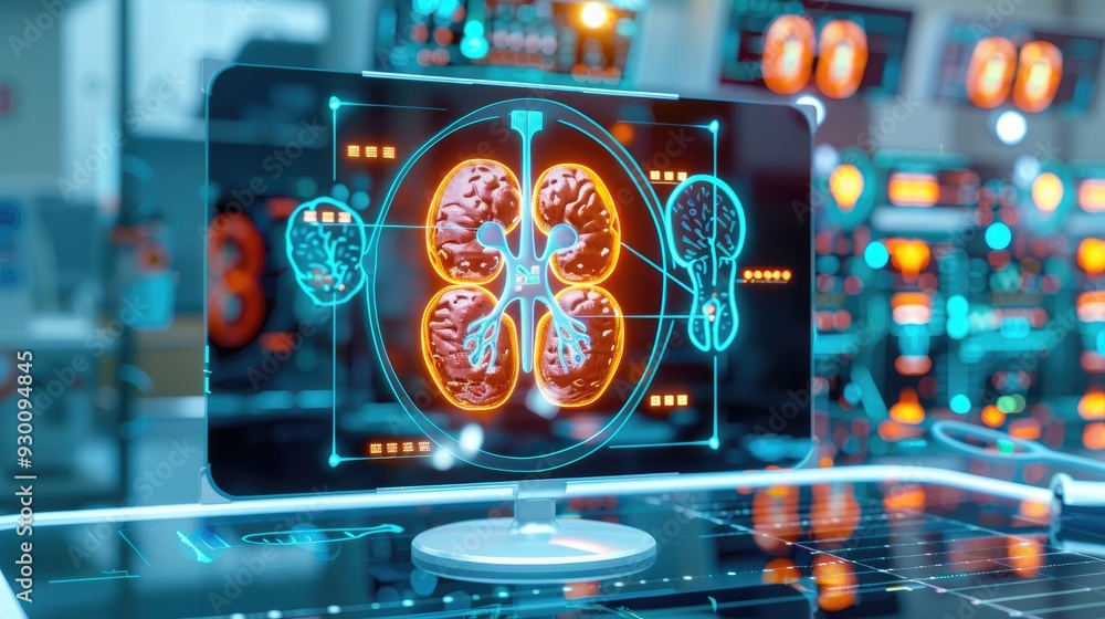 Futuristic display showing kidney and brain scans in a high-tech ...