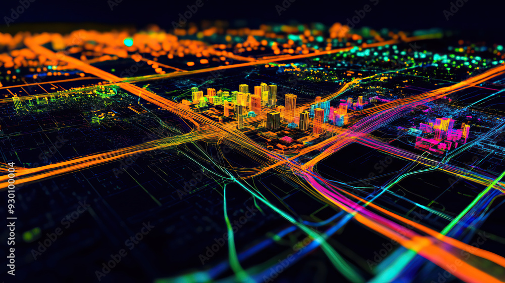 Technical aerial visual, 3D LiDAR GIS aerial map satellite scan model ...