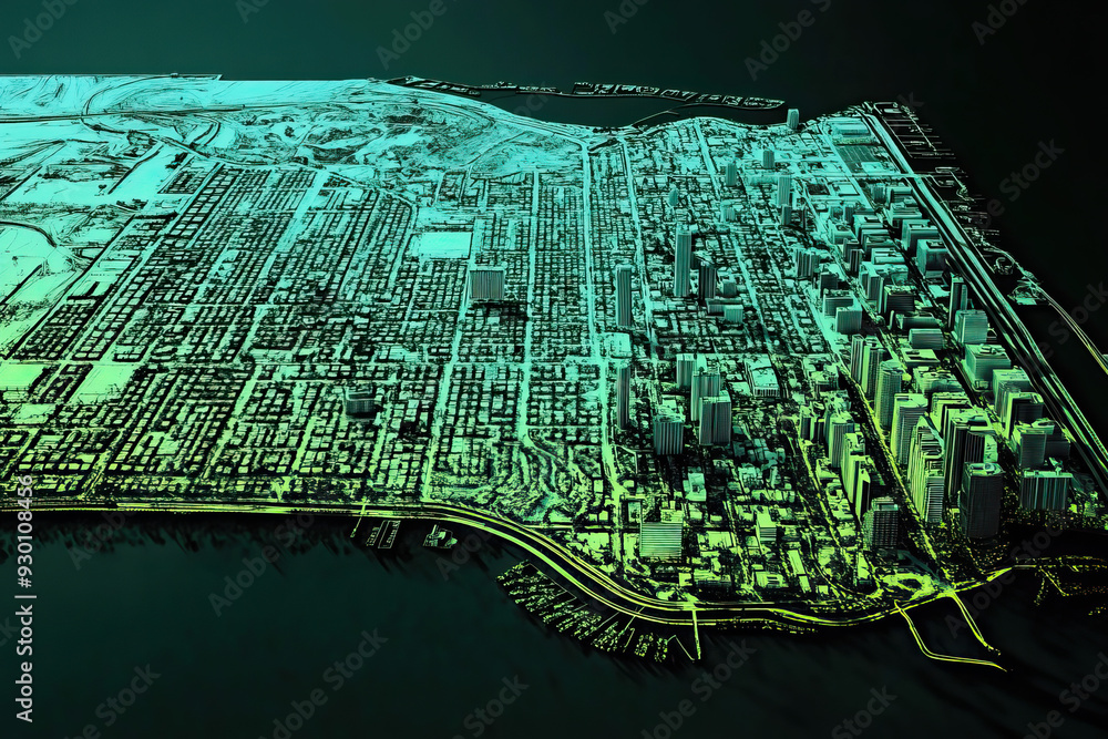 Technical aerial visual, 3D LiDAR GIS aerial map satellite scan model ...
