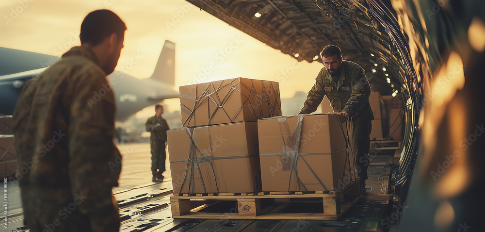 Loading Cargo Inside Aircraft at Sunrise. Crew of workers loads large ...