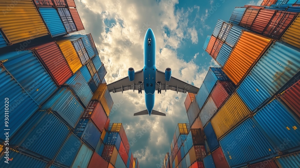 Airplane Flying Over Shipping Containers. Airplane flies directly ...