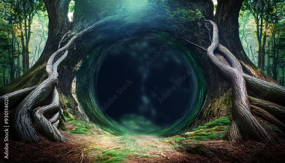 picture of a mysterious forest vortex with tree roots and dark hole in ...
