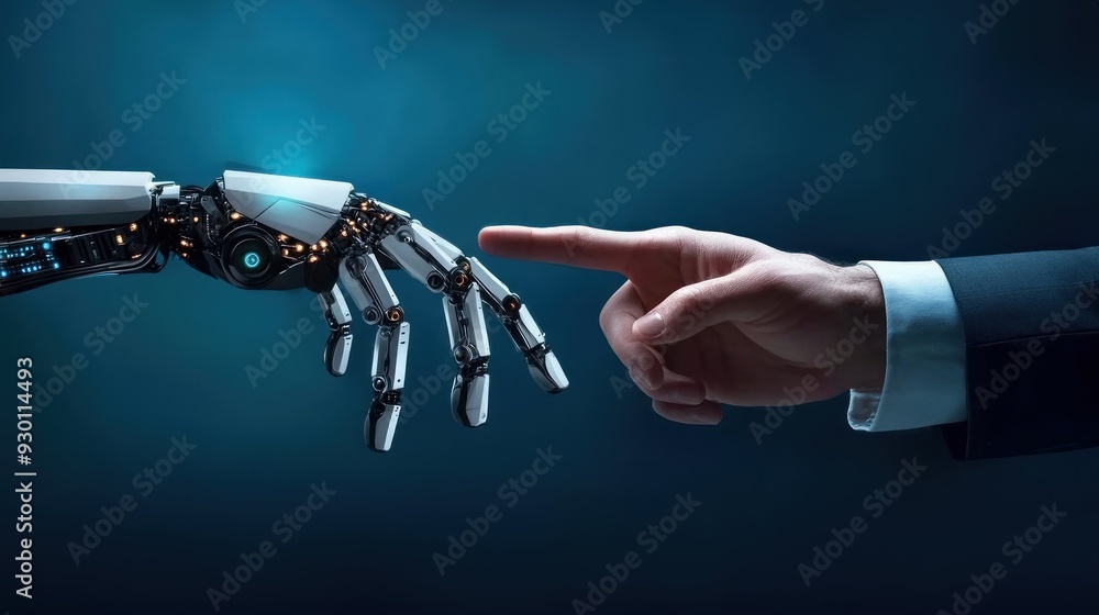 Robot hand reaching out to touch human finger symbolizing collaboration ...