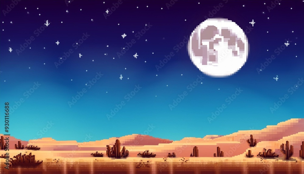 pixel art desert scene with night sky and full moon for game background ...