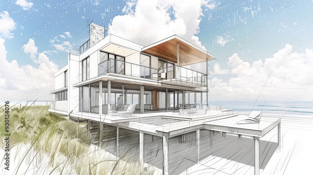 Design an architectural drawing of a beach house, highlighting its ...