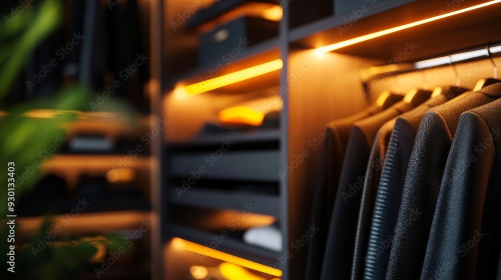Elegant walk-in closet with built-in storage solutions, backlit shelves ...