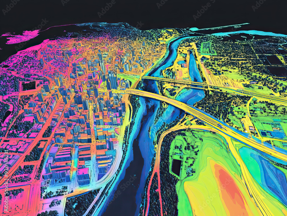 Technical aerial visual, 3D LiDAR GIS aerial map satellite scan model isolated, showing Lowell ...