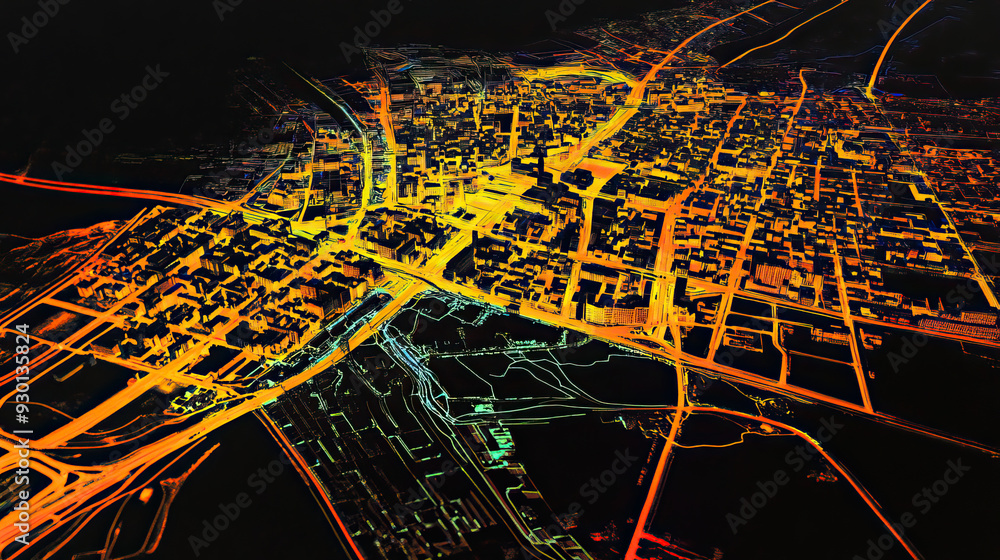 Technical aerial visual, 3D LiDAR GIS aerial map satellite scan model ...