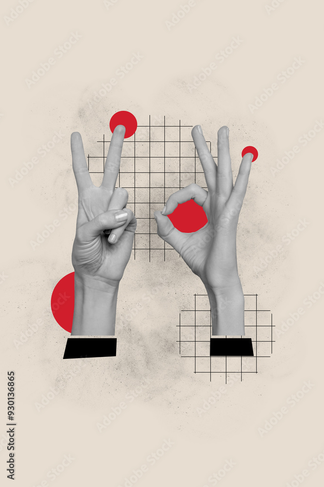 Vertical photo collage of hands show peace two fingers okay gesture non ...