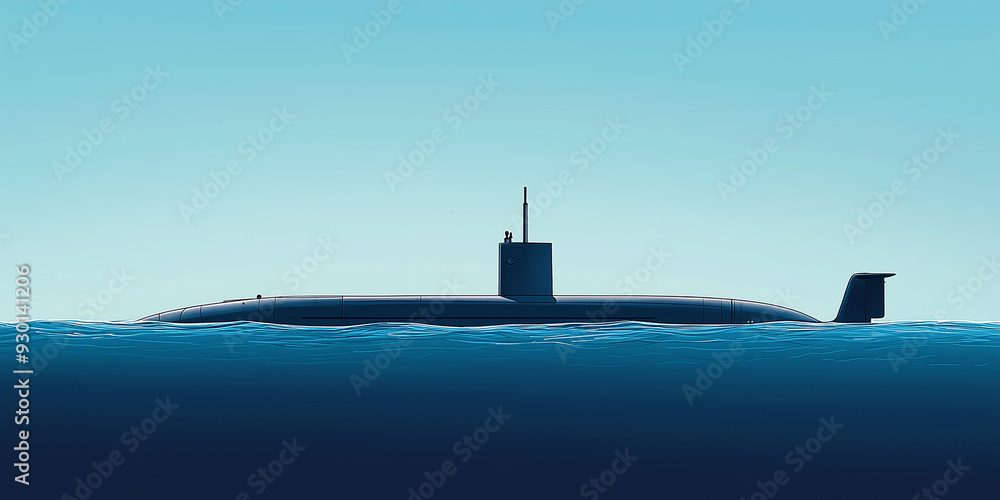 Submarine submerged just below the water’s surface, with conning tower ...