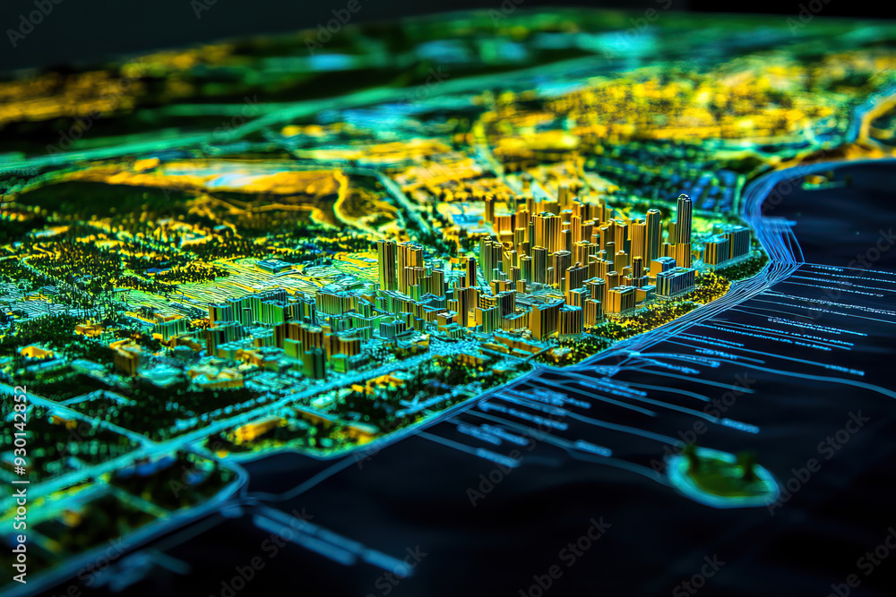Technical aerial visual, 3D LiDAR GIS aerial map satellite scan model ...