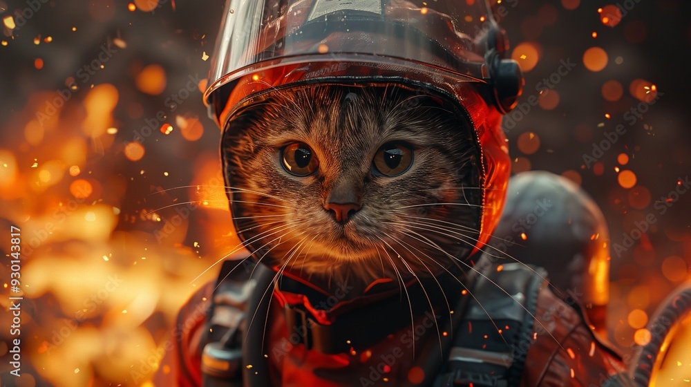 Cat in a Fireman Suit and Outfit in Action Against Fire on a Fire ...