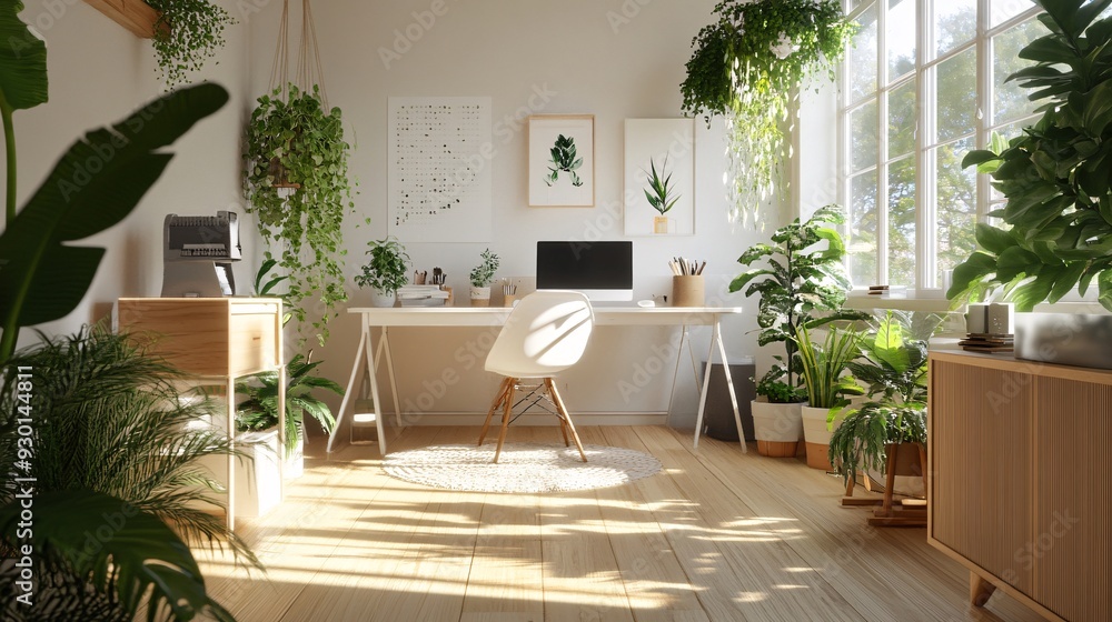 A Scandinavian-inspired workroom with light wood floors, minimalist ...