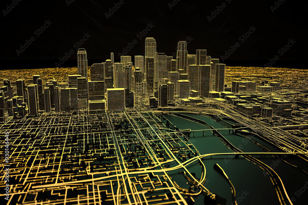 Technical aerial visual, 3D LiDAR GIS aerial map satellite scan model ...