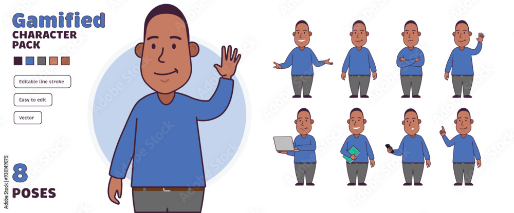 Simple flat black gamified male vector character in a set of multiple ...