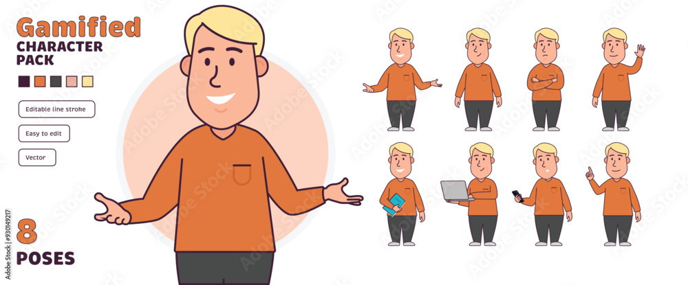 Simple flat gamified male vector character in a set of multiple poses ...