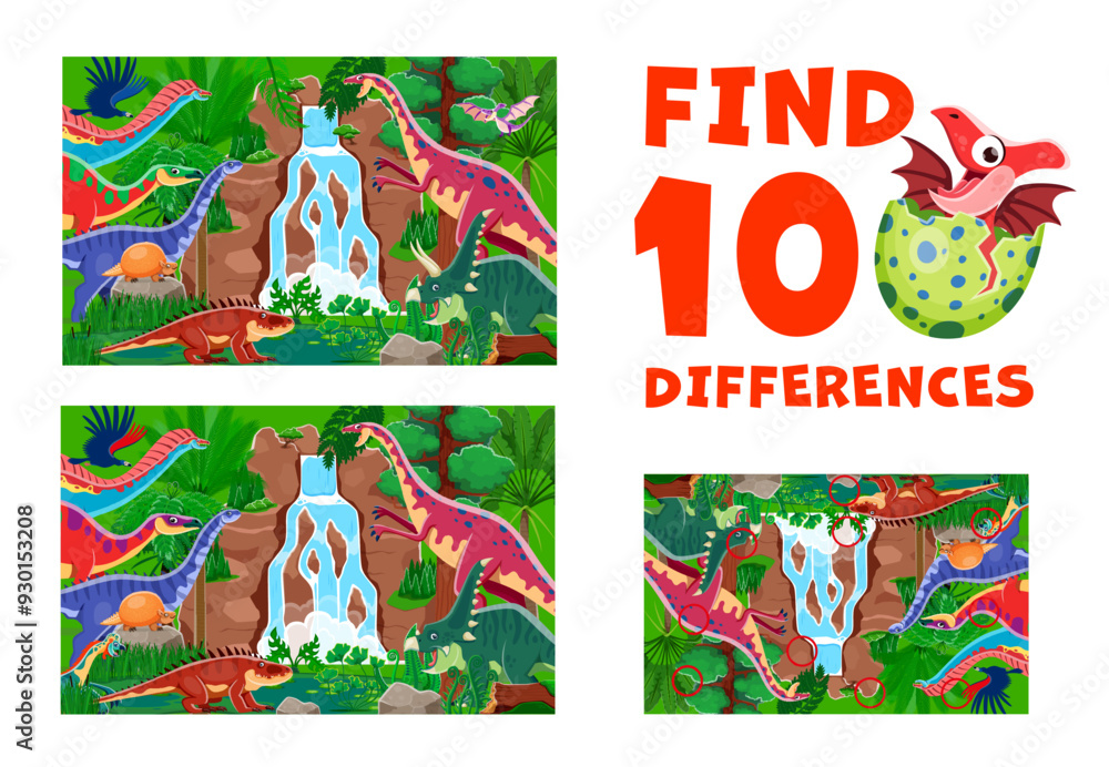 Find ten differences between cartoon prehistoric dinosaurs, kids game ...