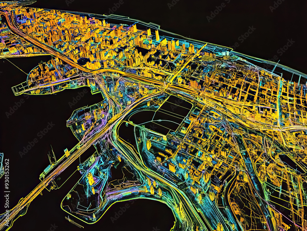 Technical aerial visual, 3D LiDAR GIS aerial map satellite scan model ...