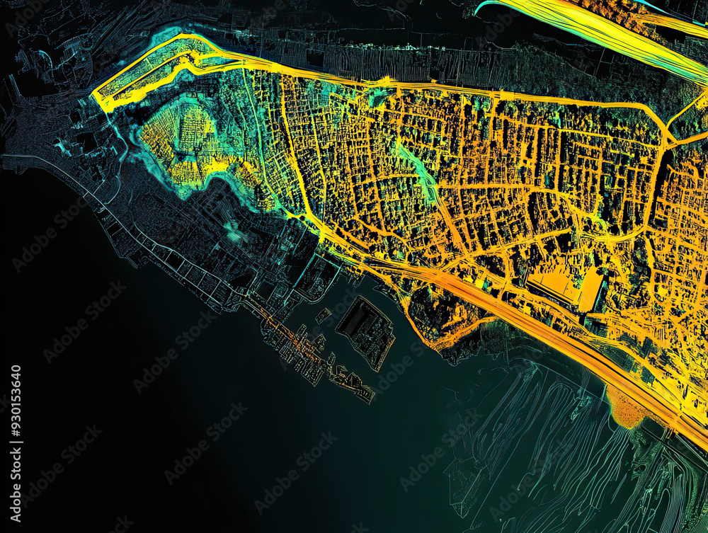 Technical aerial visual, 3D LiDAR GIS aerial map satellite scan model ...