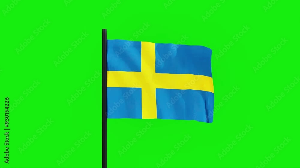 3D animation of the Swedish flag gracefully waving against a green ...