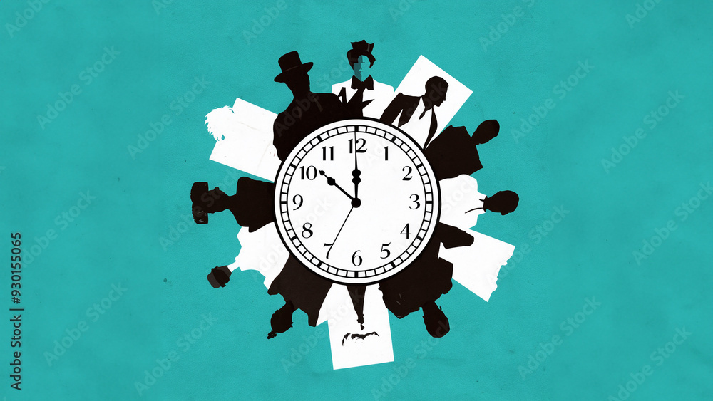 Illustration of a clock surrounded by silhouettes of people ...