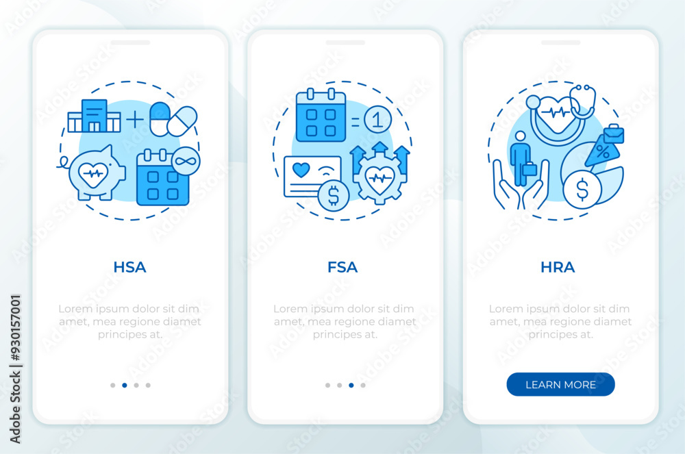 Types of health accounts blue onboarding mobile app screen. Walkthrough ...