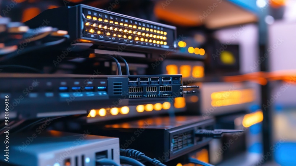 A network equipment rack with switches and patch panels featuring LED ...