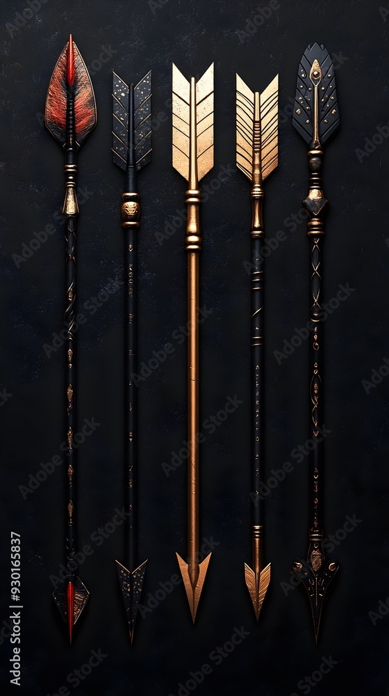 Five decorative arrows with different styles and designs stand upright ...