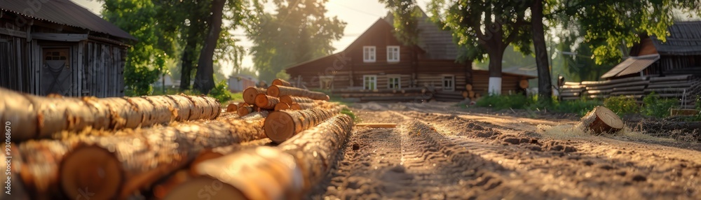 Stacked Logs in Front of Rustic Sawmill Building, Timber Industry ...