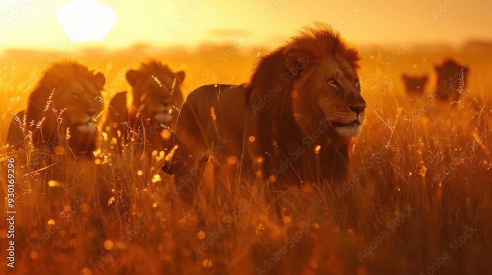 majestic african savanna at golden hour a pride of lions stalking through tall grass lead by a ...