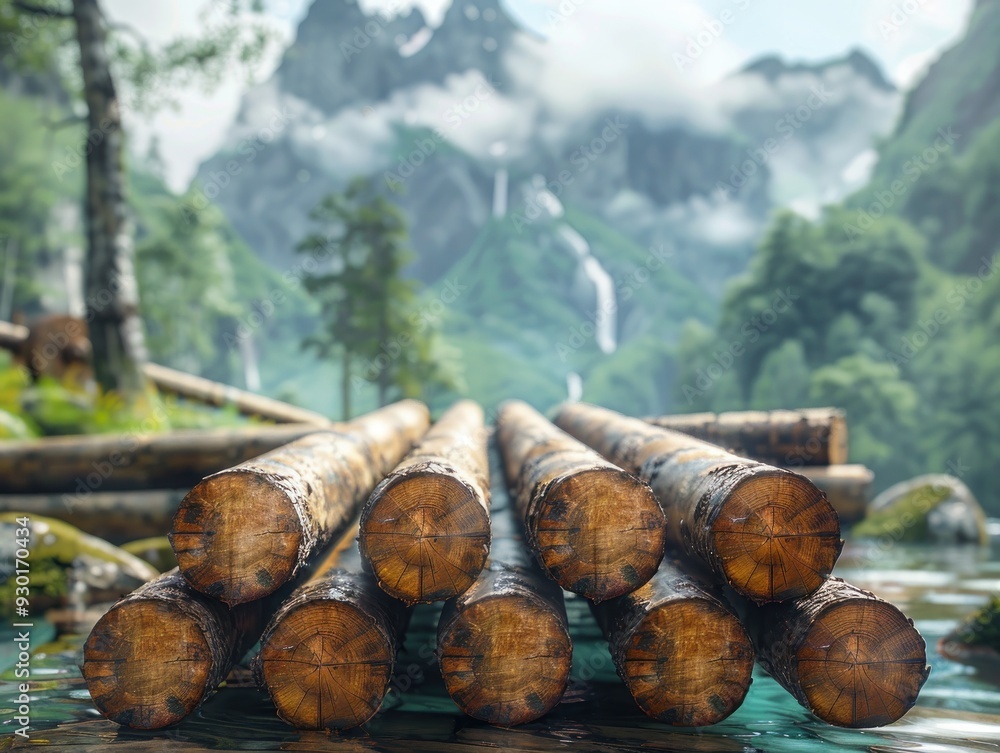 Stacked Logs in a Sawmill Setting with a Mountainous Background, Timber ...