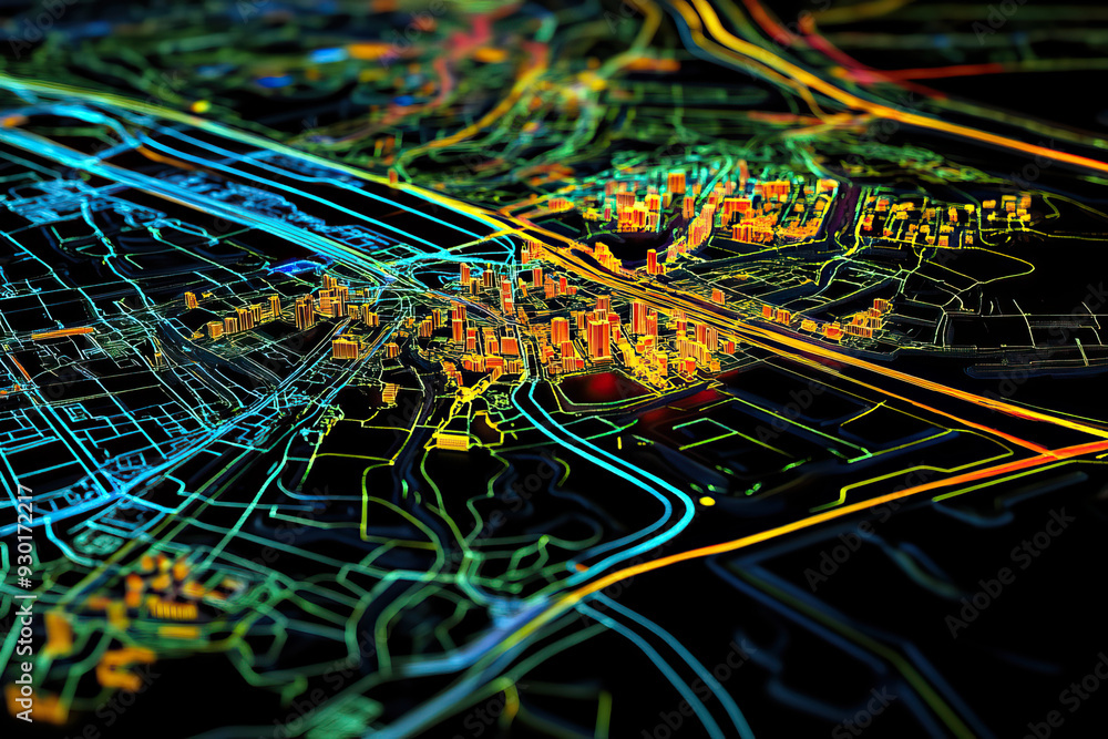 Technical aerial visual, 3D LiDAR GIS aerial map satellite scan model ...