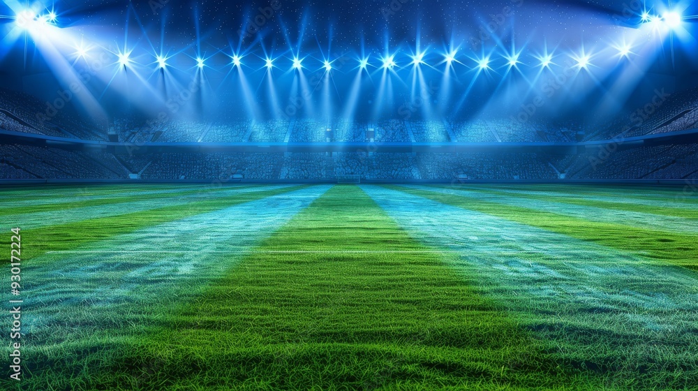 Illuminated digital football stadium with blue spotlights shining on ...