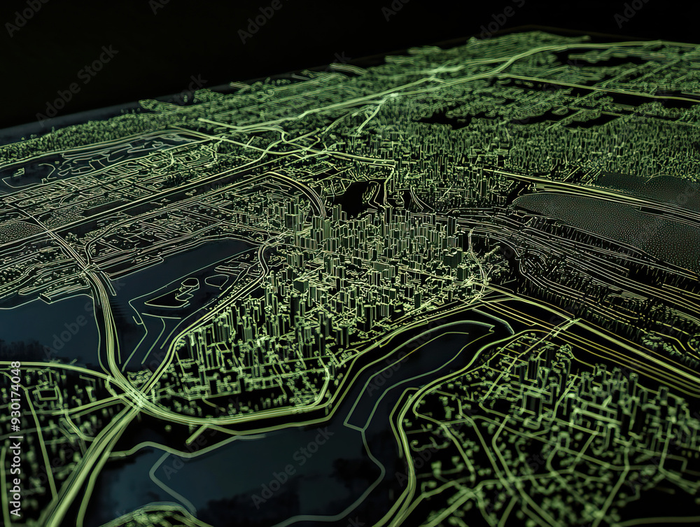 Technical aerial visual, 3D LiDAR GIS aerial map satellite scan model ...