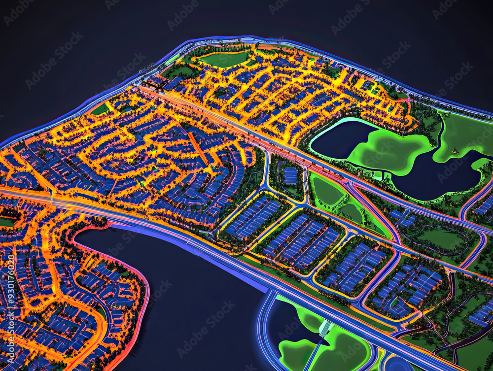 Technical aerial visual, 3D LiDAR GIS aerial map satellite scan model ...
