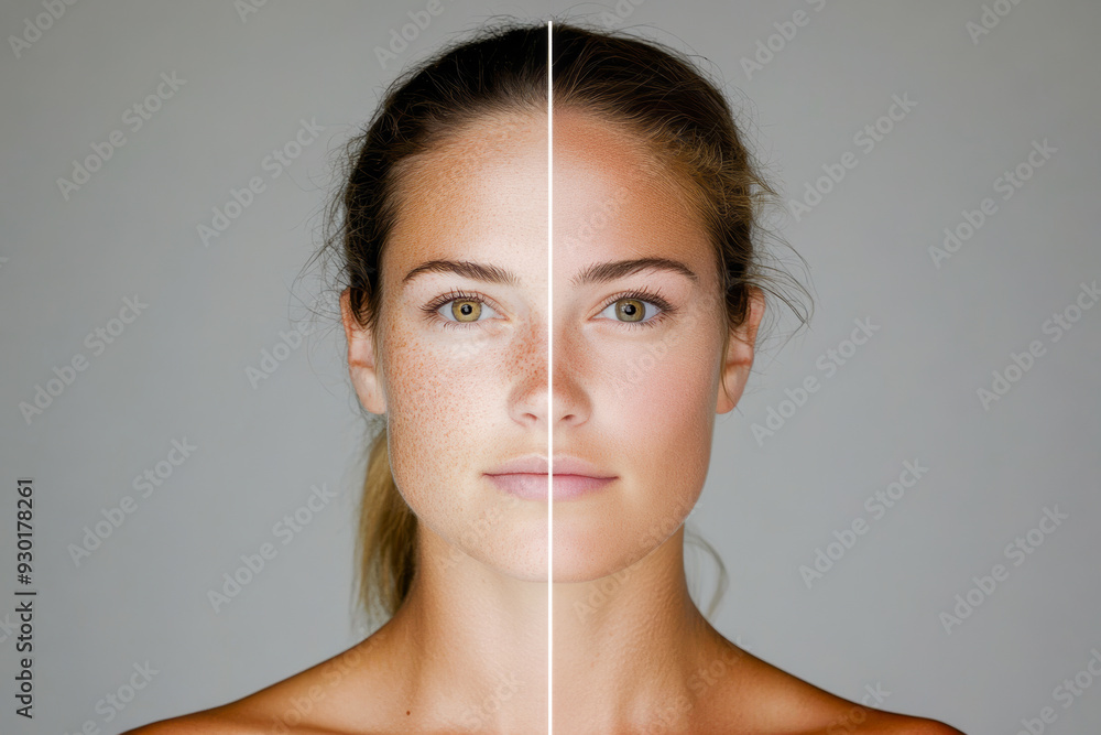 Portrait of a Caucasian model with a line down the center of her face ...