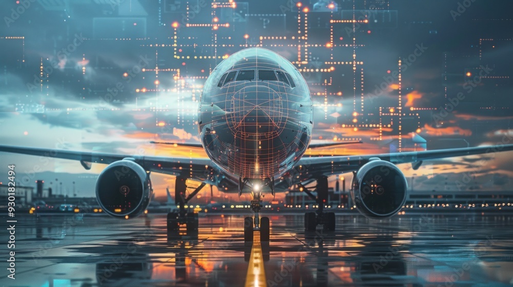 Commercial Jet with Digital Data Overlay. Aerial front view of a ...