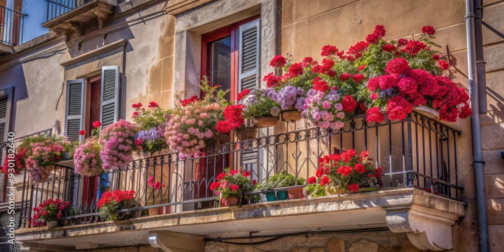 Vibrant geraniums spill over a charming street-facing balcony railing ...