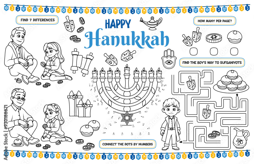 Festive placemat for children. Printable activity sheet "Happy Hanukkah ...