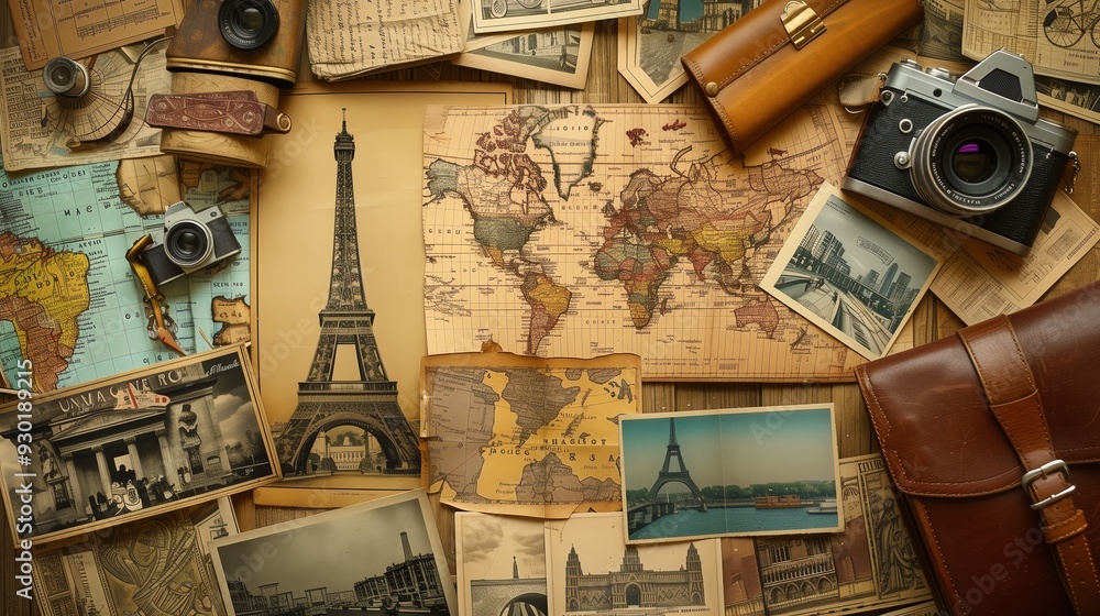 Vintage travel layout featuring a world map, photographs, and iconic ...