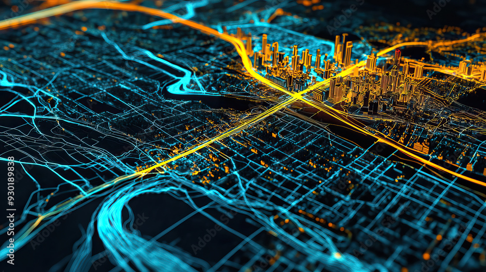 Technical aerial visual, 3D LiDAR GIS aerial map satellite scan model ...