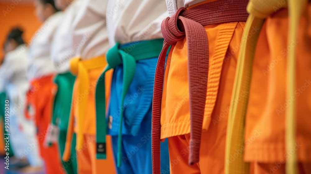 Row of colorful karate uniforms hanging on the wall with white ties and ...