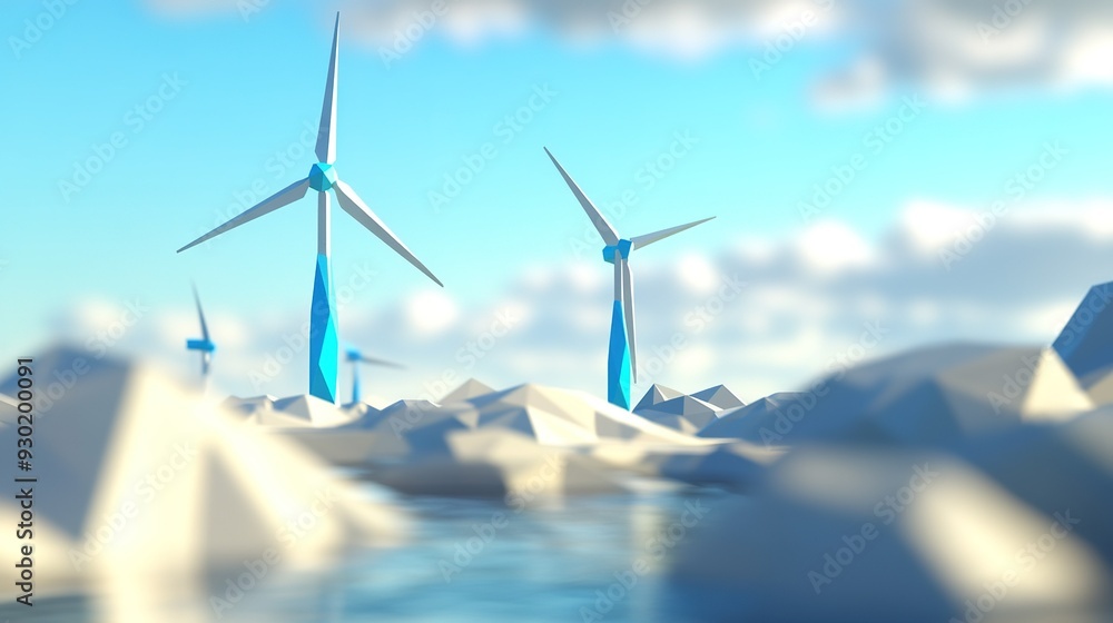 Wind turbines generate renewable energy in a low-poly landscape with ...