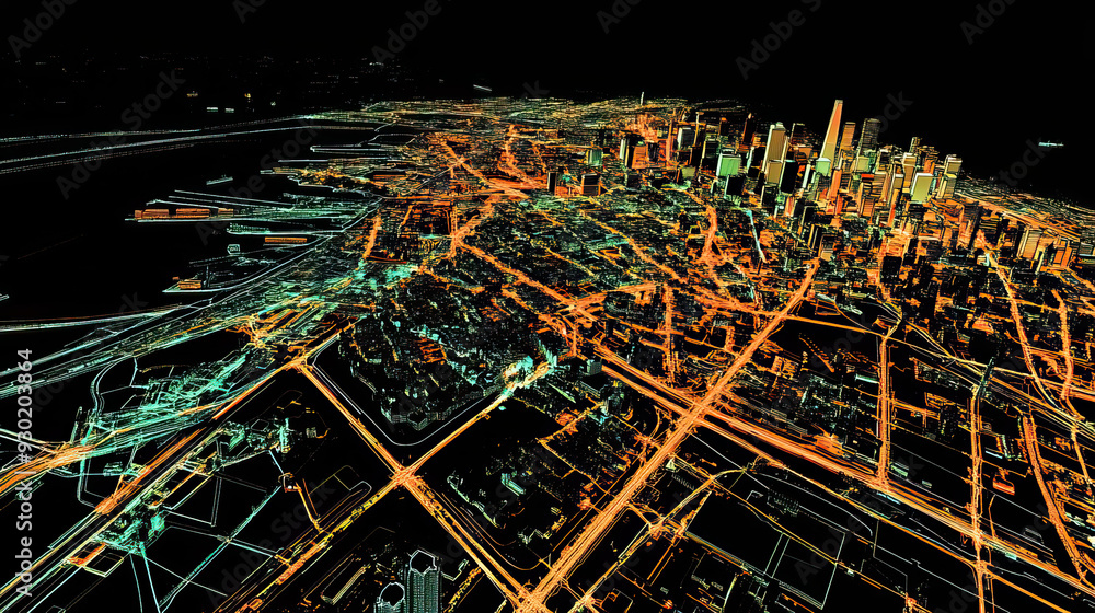 Technical aerial visual, 3D LiDAR GIS aerial map satellite scan model ...