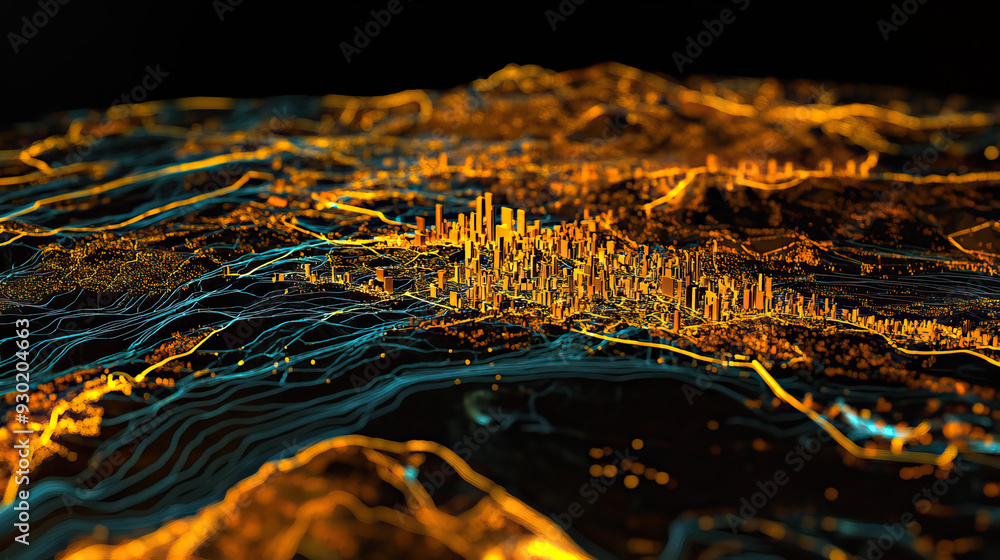 Technical aerial visual, 3D LiDAR GIS aerial map satellite scan model ...