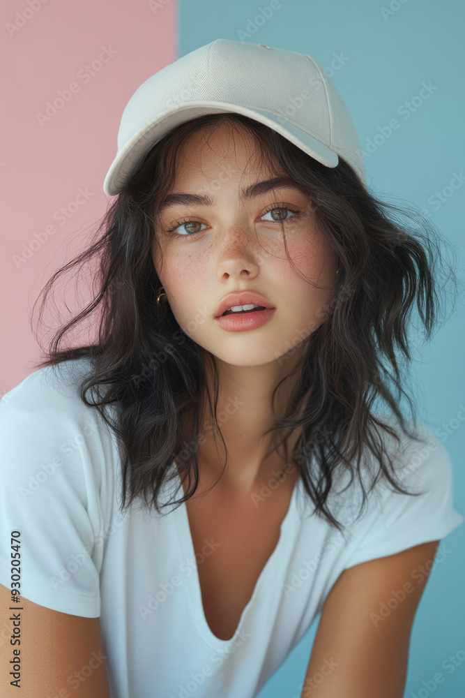 Baseball cap mockup, Female model radiates confidence in a chic ...