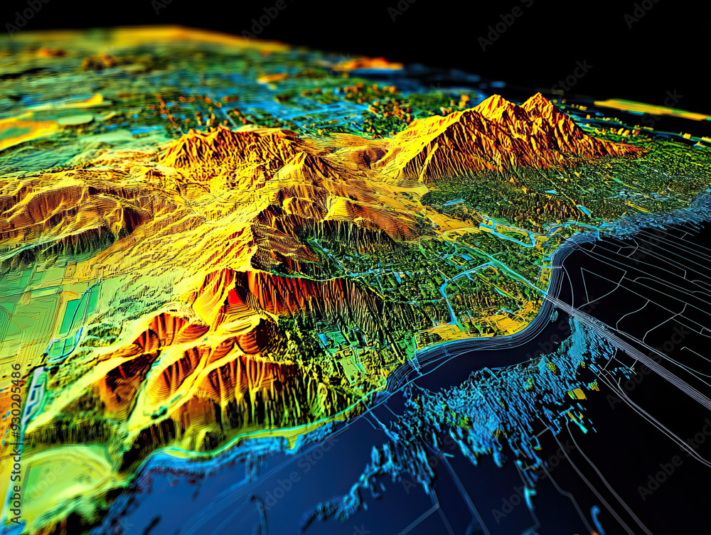 Technical aerial visual, 3D LiDAR GIS aerial map satellite scan model ...