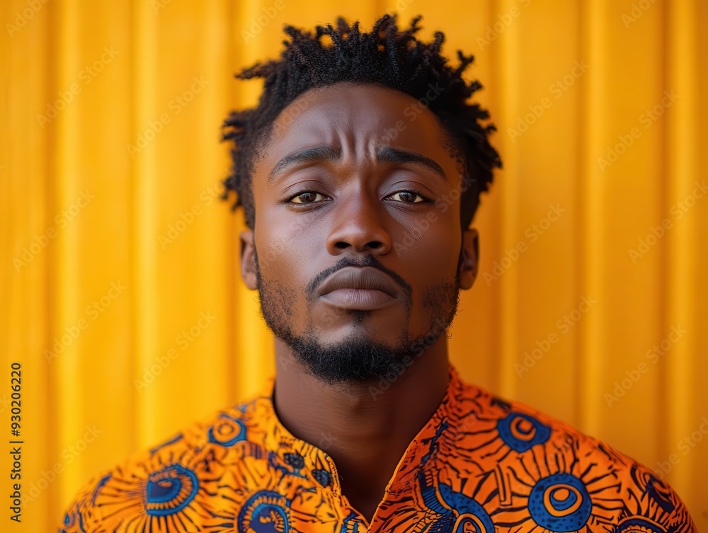 perplexed african man in vibrant orange attire against matching ...