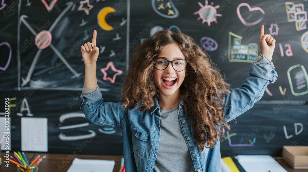 A cheerful teacher engages with students, celebrating their hard work ...